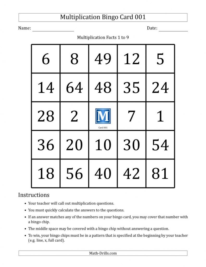 Multiplication Bingo Cards For Facts 1 To 9 Cards 001 To 010 A 